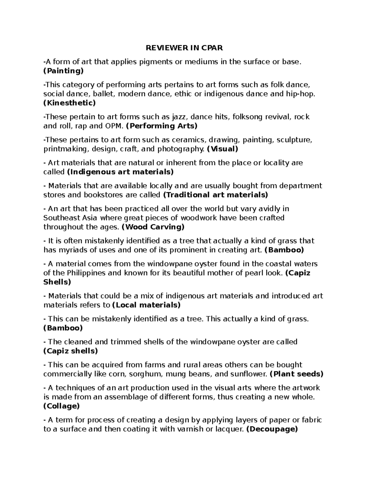 Reviewer IN CPAR Q2 - REVIEWER IN CPAR -A form of art that applies ...