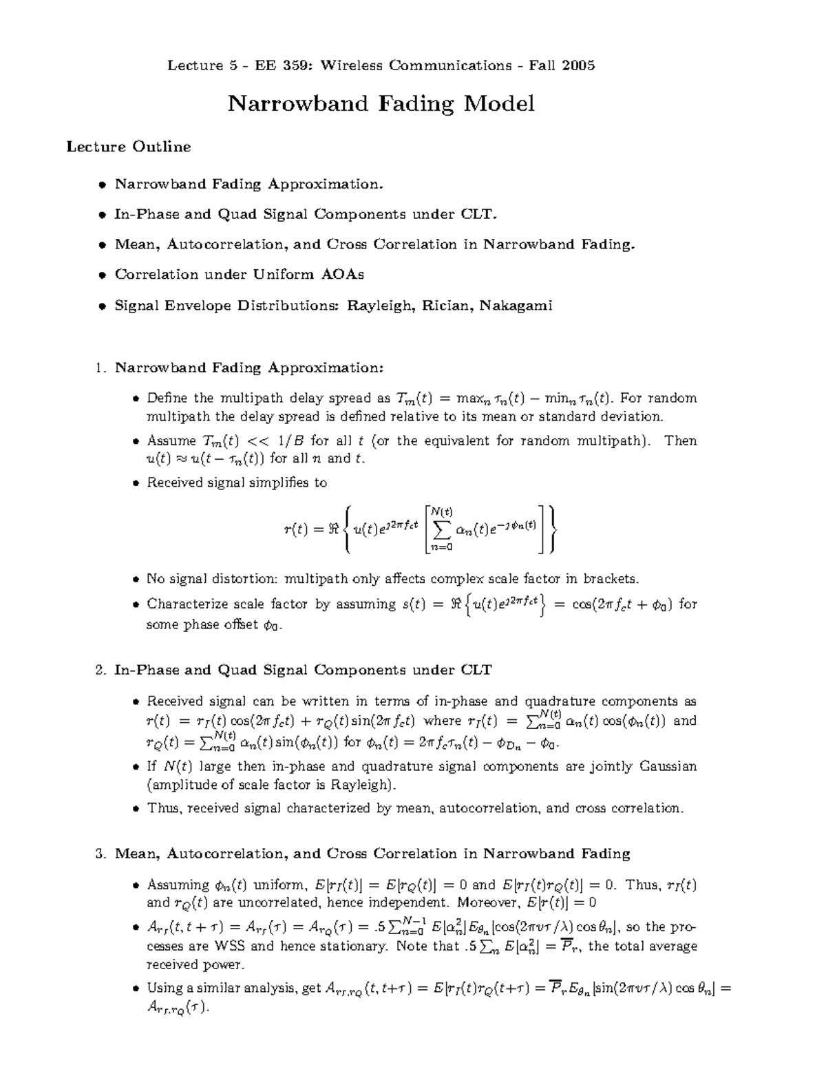 Lecture 5 - Notes regarding narrow band fading - Lecture 5 - EE 359 ...
