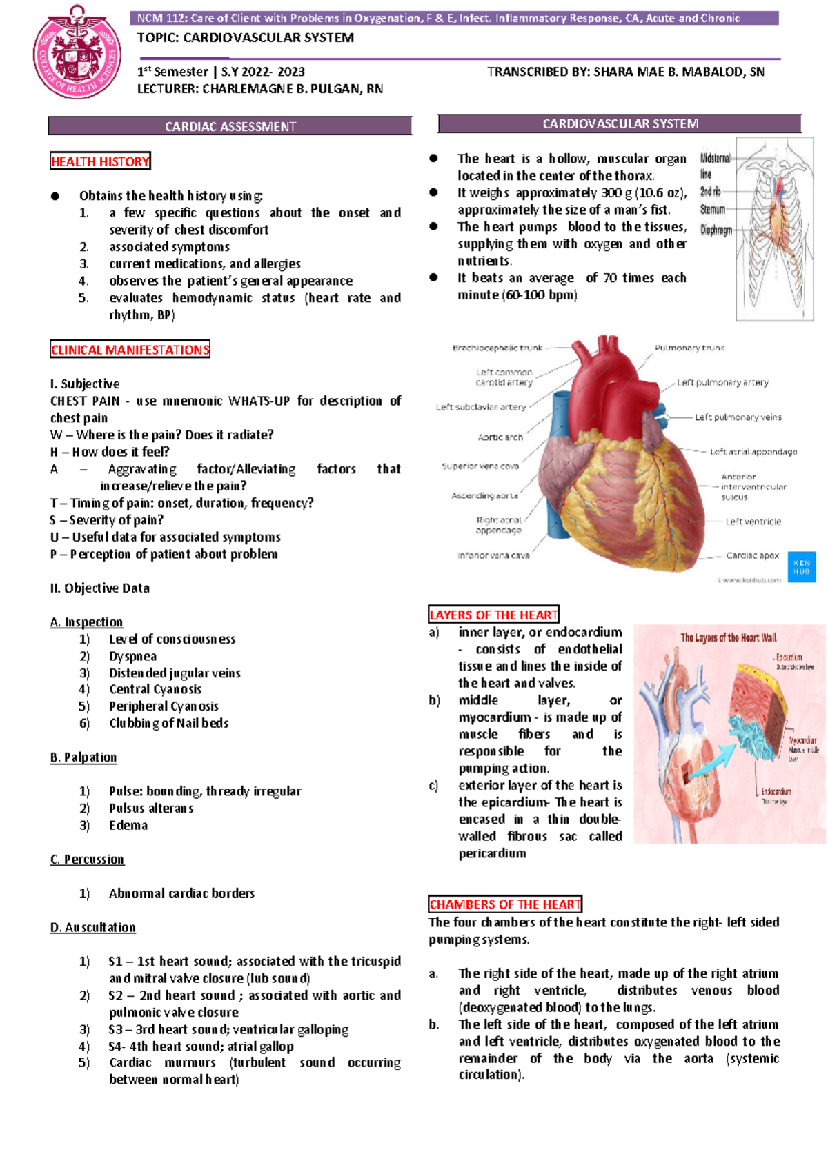 Med Surg-Cardio - Lecture Notes Cardio - TOPIC: CARDIOVASCULAR SYSTEM 1 ...