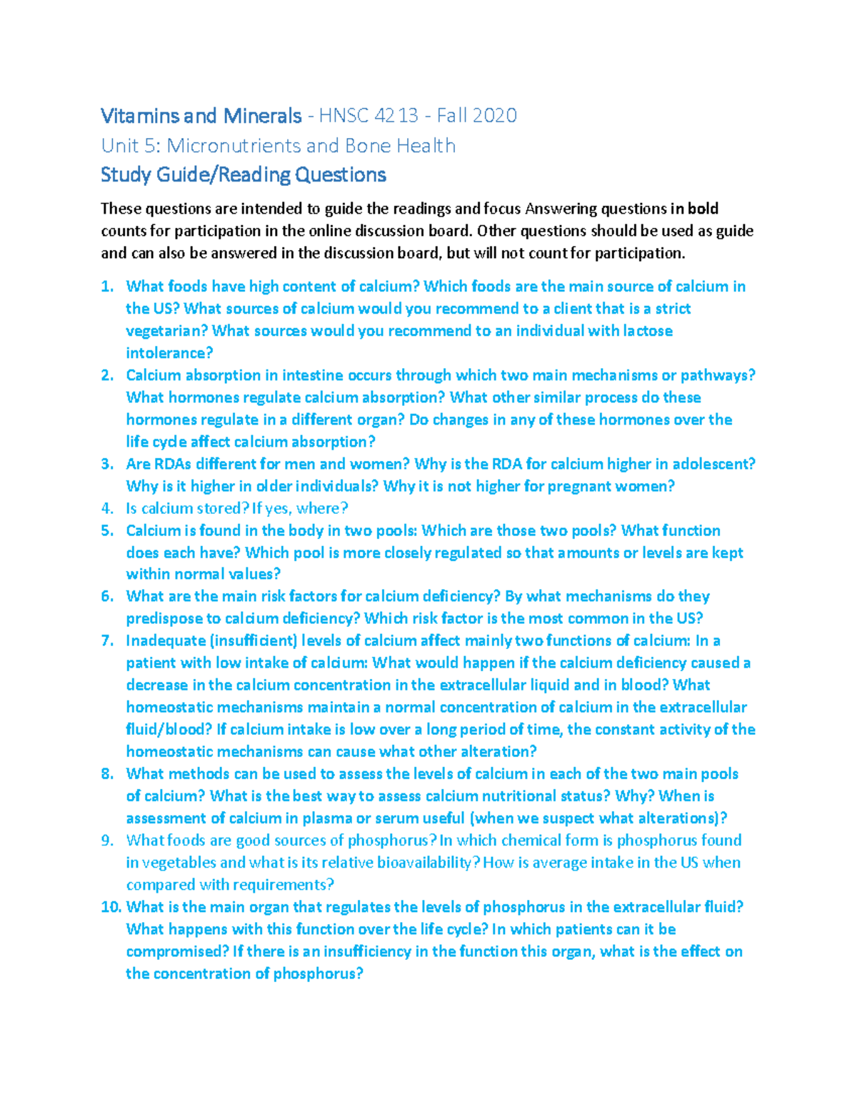 HNSC 4213 - Study Guide - Unit 5a - Reading Questions - Vitamins and ...