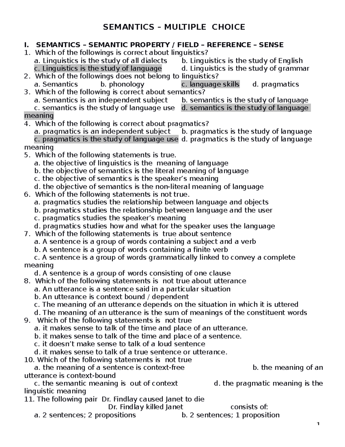 Semantics Multiple Choice Part Iv Bá• Sung Key Semantics Multiple Choice I Semantics