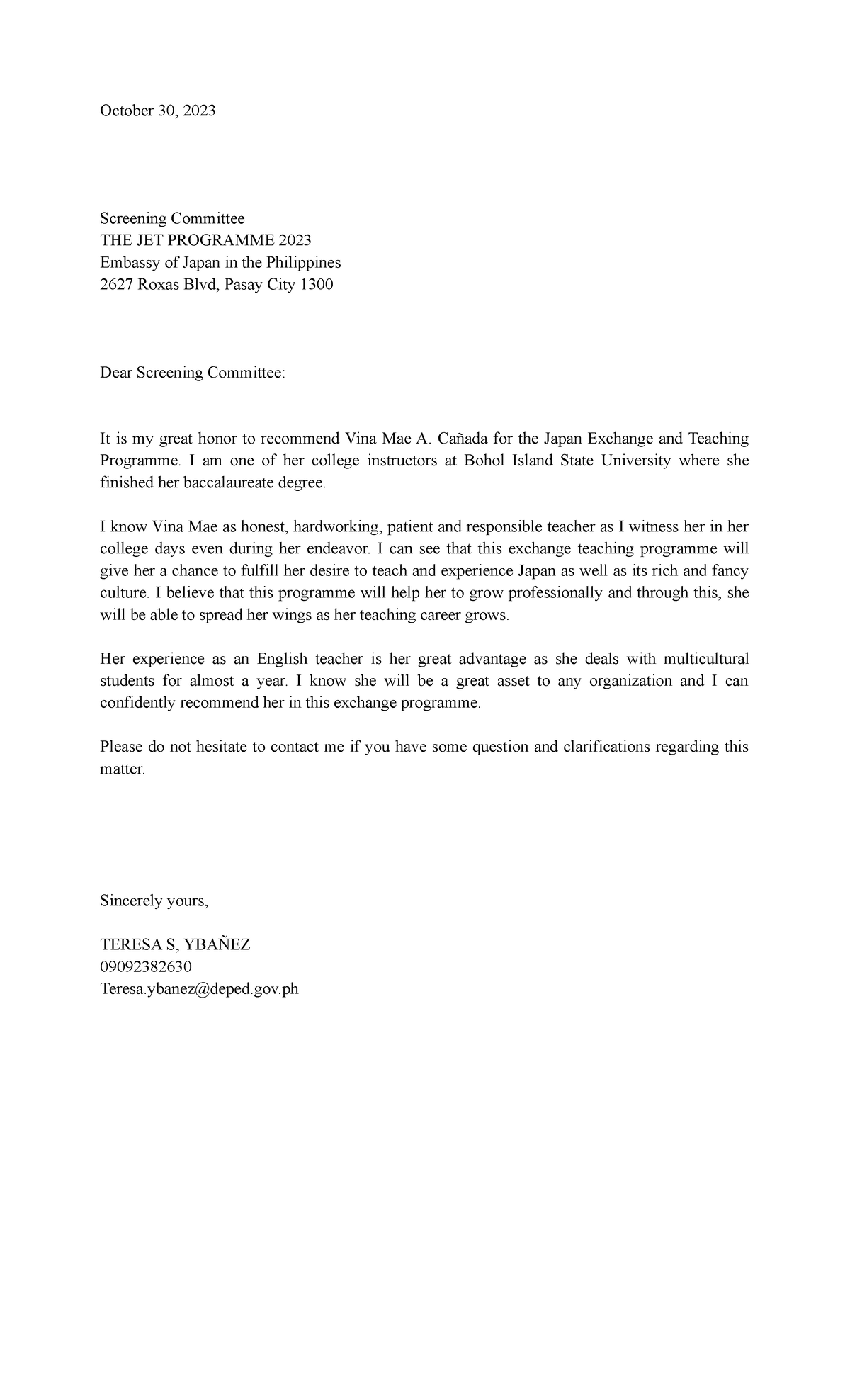 Sample Letter - October 30, 2023 Screening Committee THE JET PROGRAMME ...