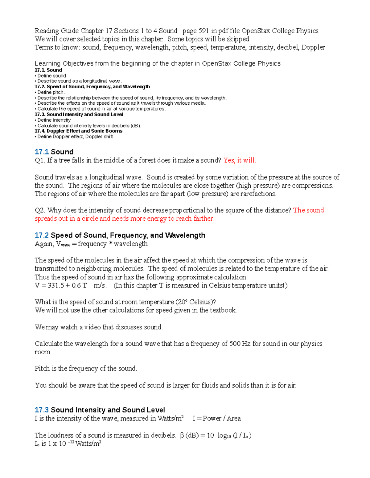 Physics Notes Sounds and Waves - Reading Guide Chapter 17 Sections 1 to ...