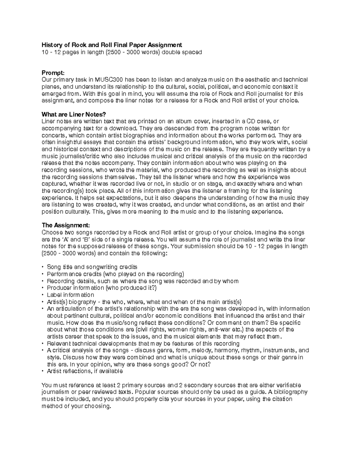 HRR Final Paper Assignment - History of Rock and Roll Final Paper ...