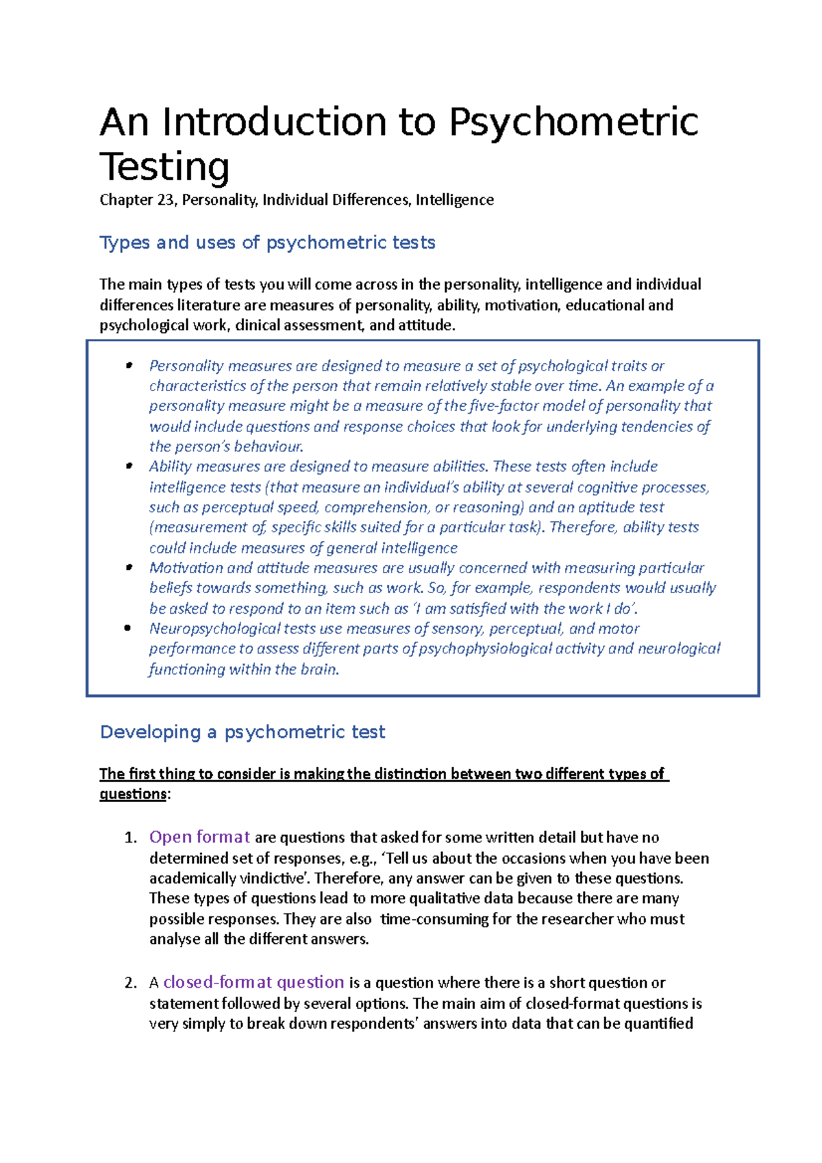 Psychometric Testing - An Introduction to Psychometric Testing Chapter ...