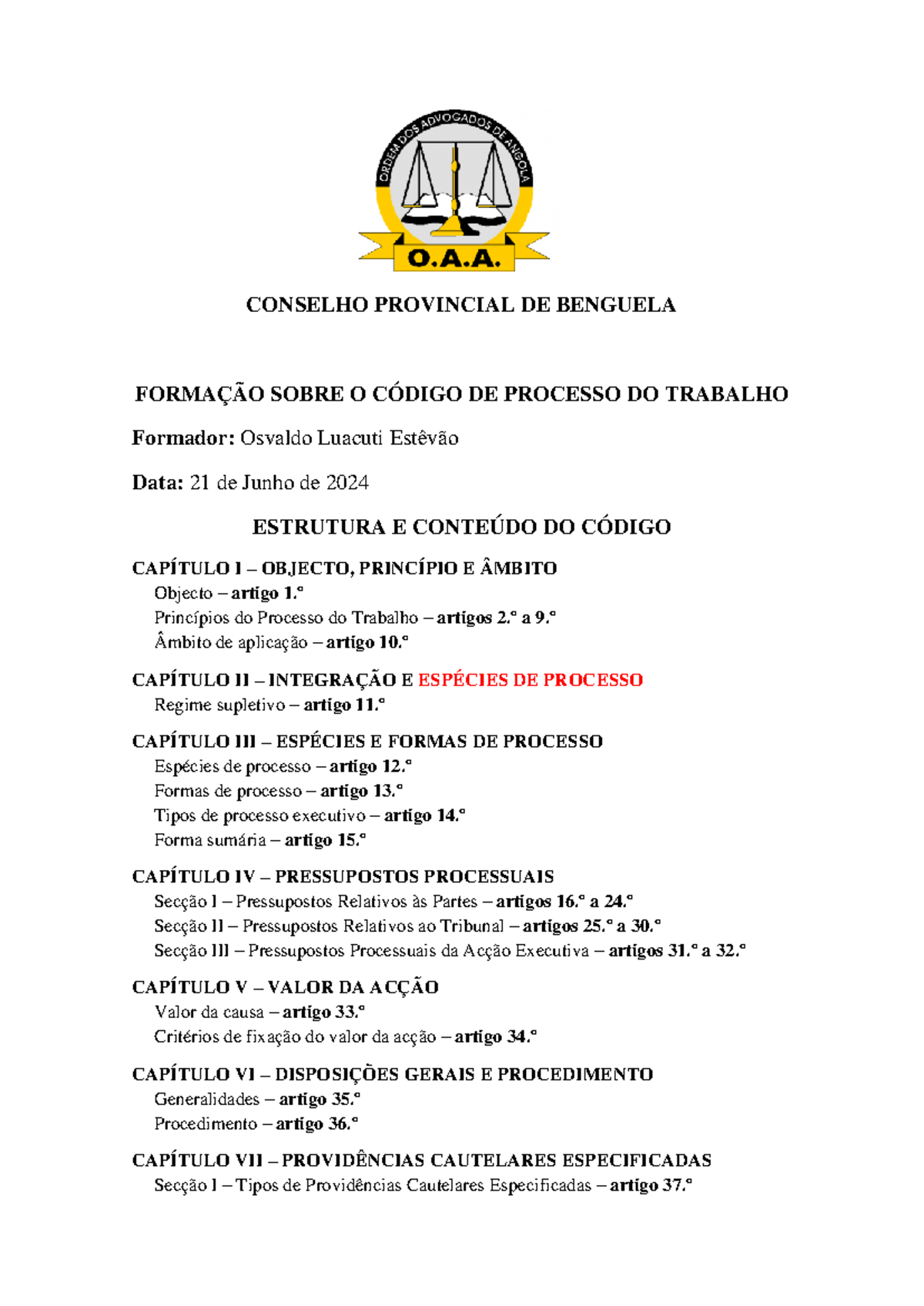 Código DE Processo DO Trabalho - Estrutura - CONSELHO PROVINCIAL DE ...