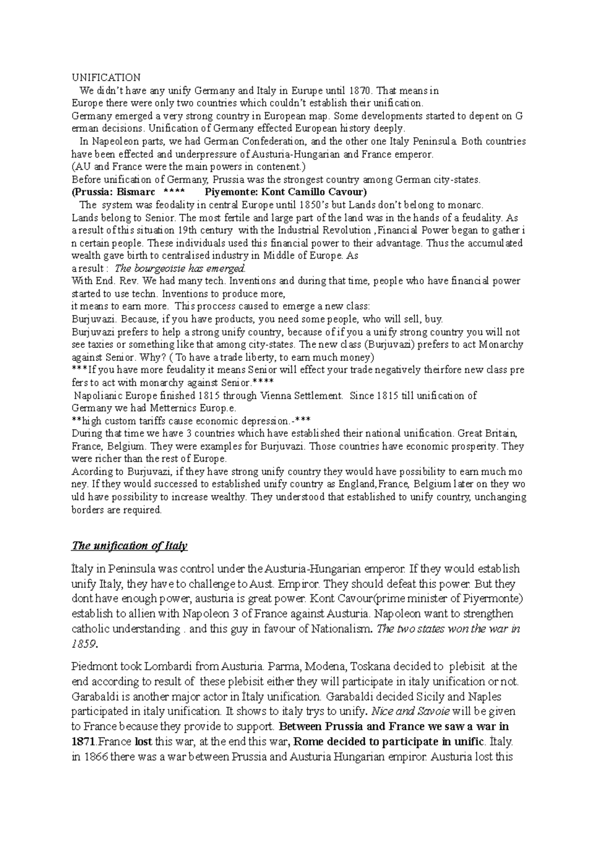 The unification of Italy - UNIFICATION - Studocu