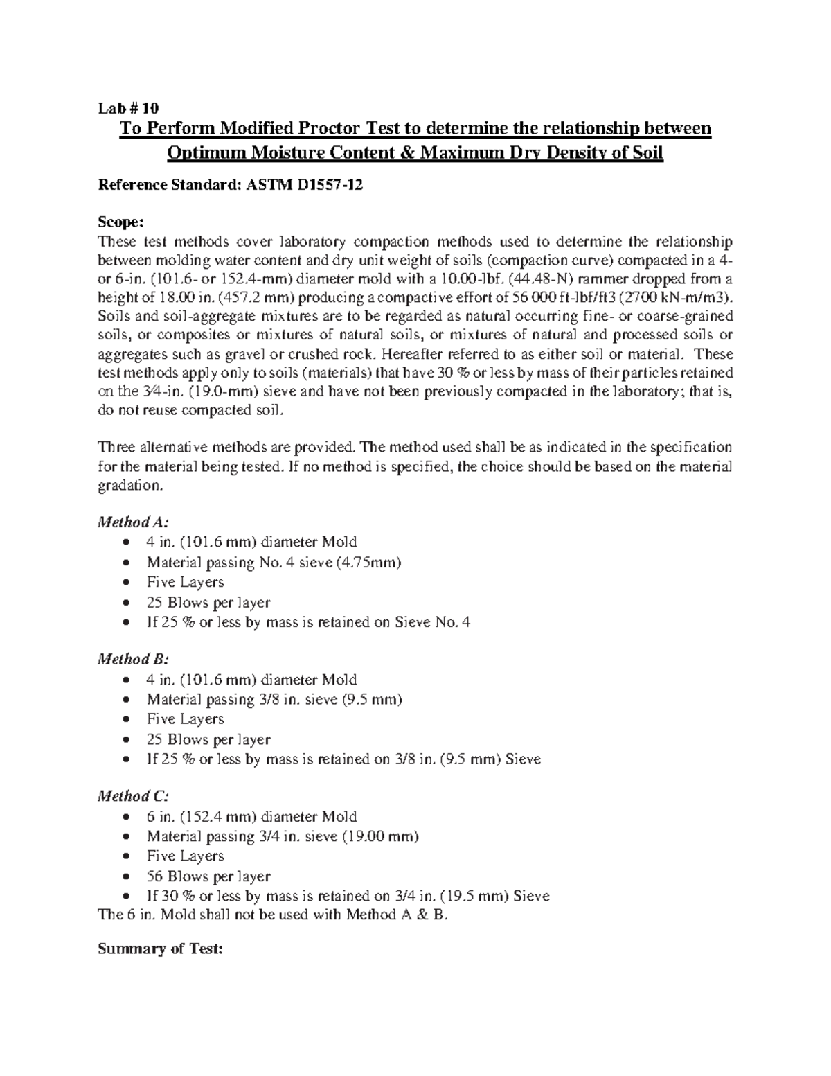 Lab 10 Modified Proctor Test Lab 10 To Perform Modified Proctor Test To Determine The