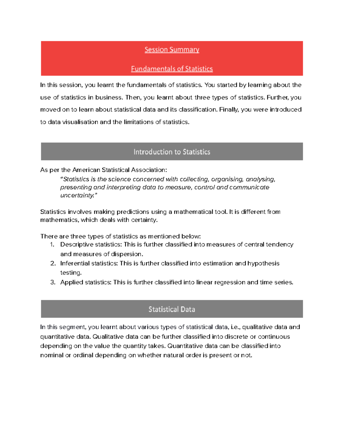 M1+ +S1+ +Summary+Docs - In this session, you learnt the fundamentals ...