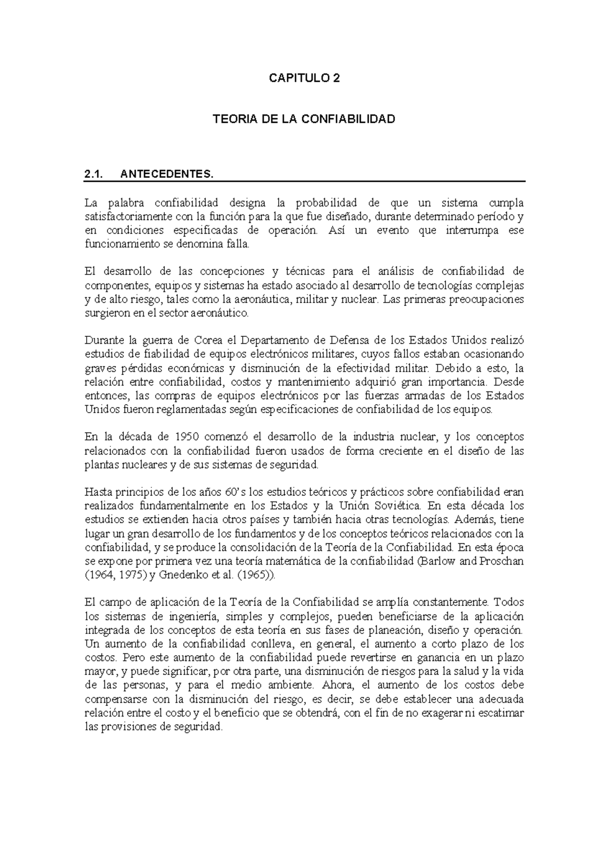 Confiabilidad - CAPITULO 2 TEORIA DE LA CONFIABILIDAD 2. ANTECEDENTES ...