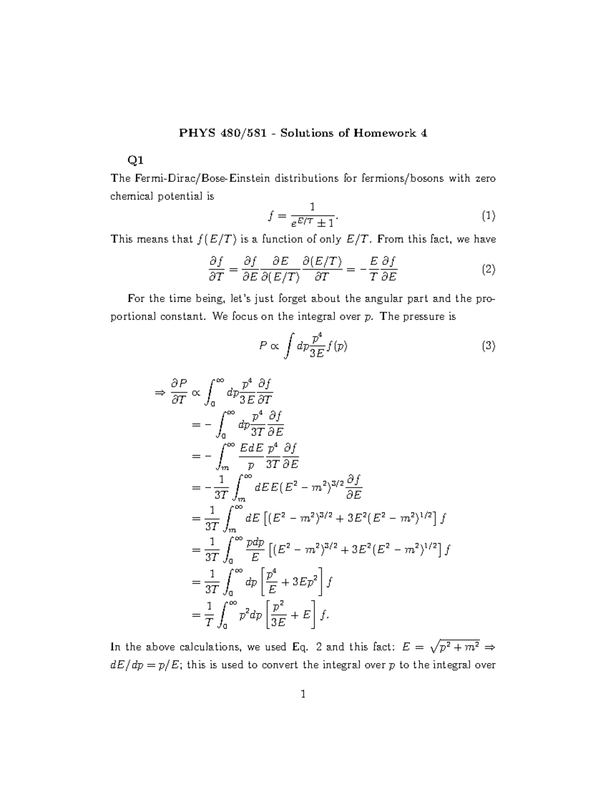 Hw4 solutions - PHYS 480/581 - Solutions of Homework 4 Q The Fermi-Dirac/Bose-Einstein ...