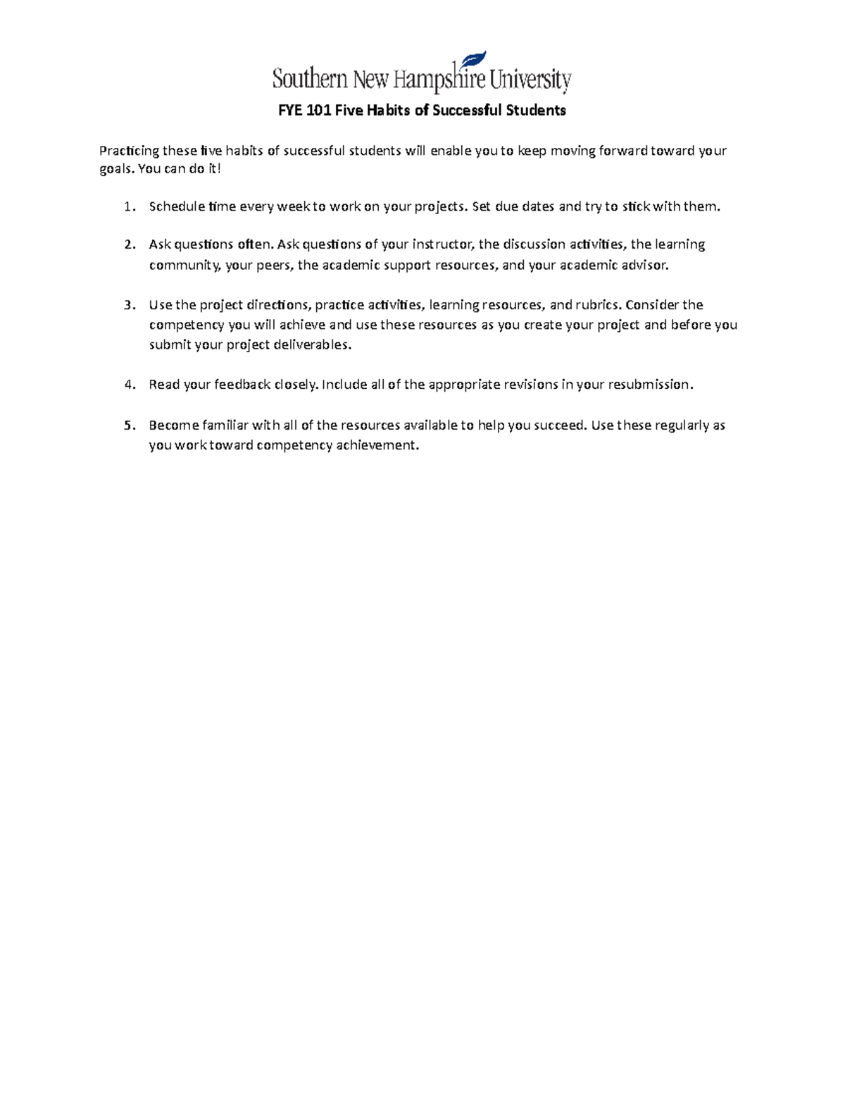 FYE 101 Five Habits of Successful Students - FYE 101 Five Habits of ...