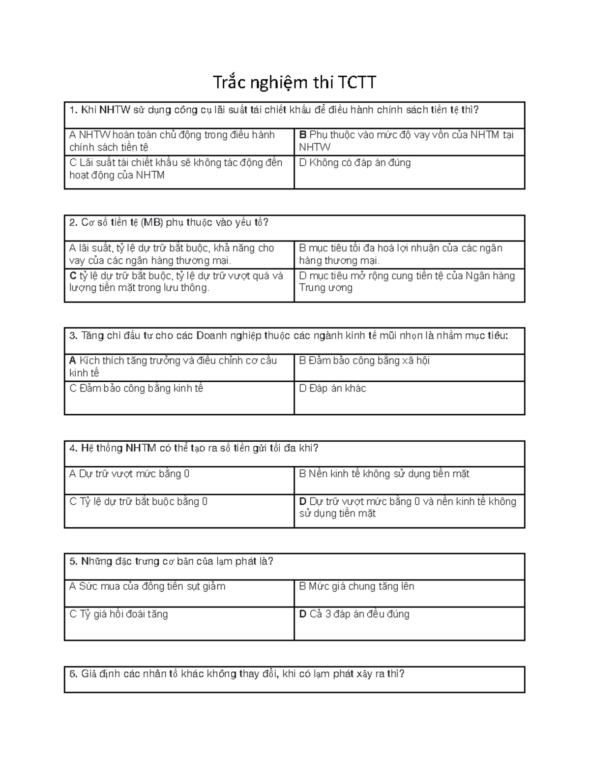 Trắc nghiệm thi TCTT - tctt hvtc - Trắc nghiệm thi TCTT Khi NHTW sử dụng công cụ lãi suất tái ...