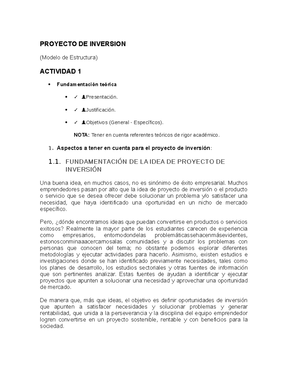 Formato proyecto de Inversión - PROYECTO DE INVERSION (Modelo de ...