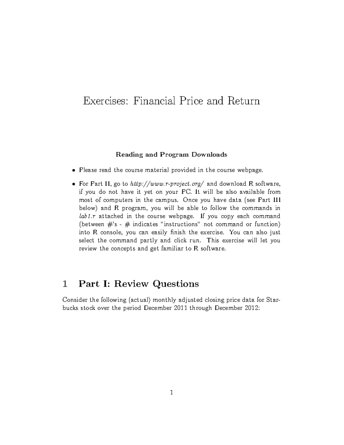 Exercises Return New - assignment - Exercises: Financial Price and ...