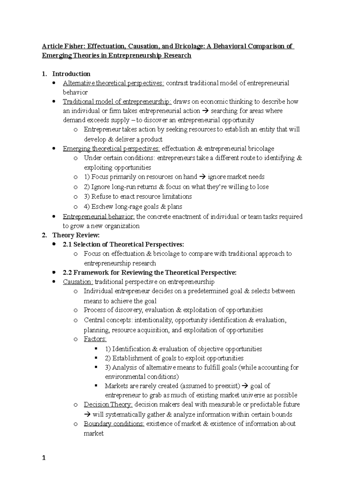 Summary - Article Fisher - Article Fisher: Effectuation, Causation, and ...