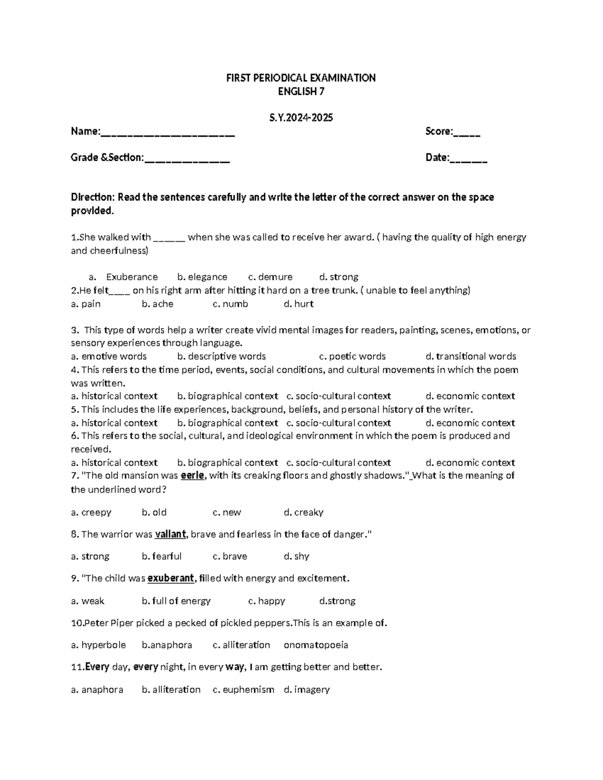 First Periodical Examination ENG7 - FIRST PERIODICAL EXAMINATION ...