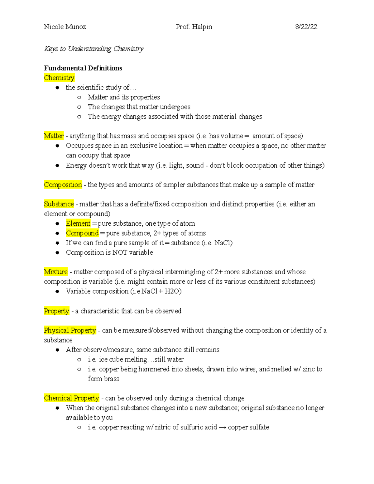 Chapter #1 Notes - Keys to Understanding Chemistry Fundamental ...