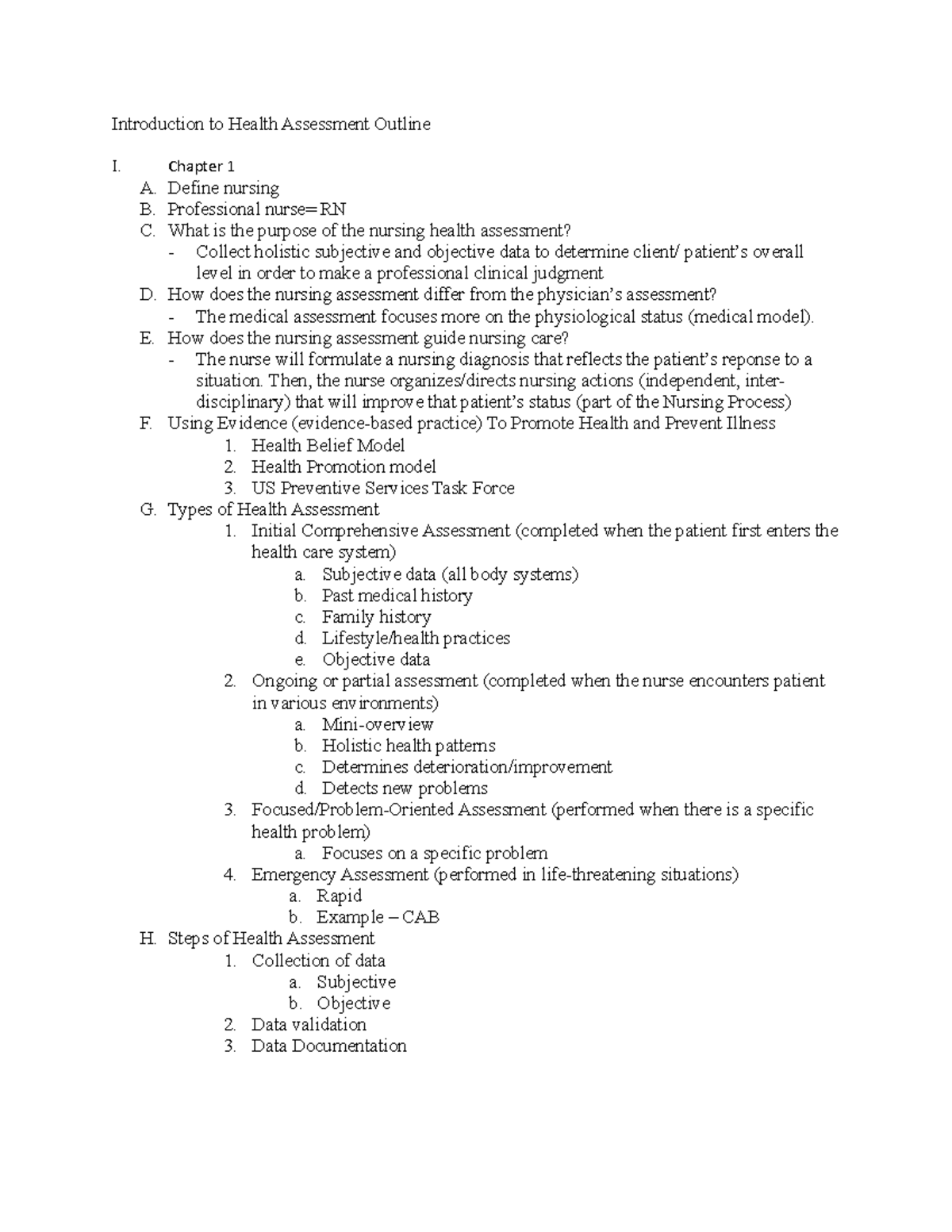 Intro to Health Assessment - Introduction to Health Assessment Outline ...