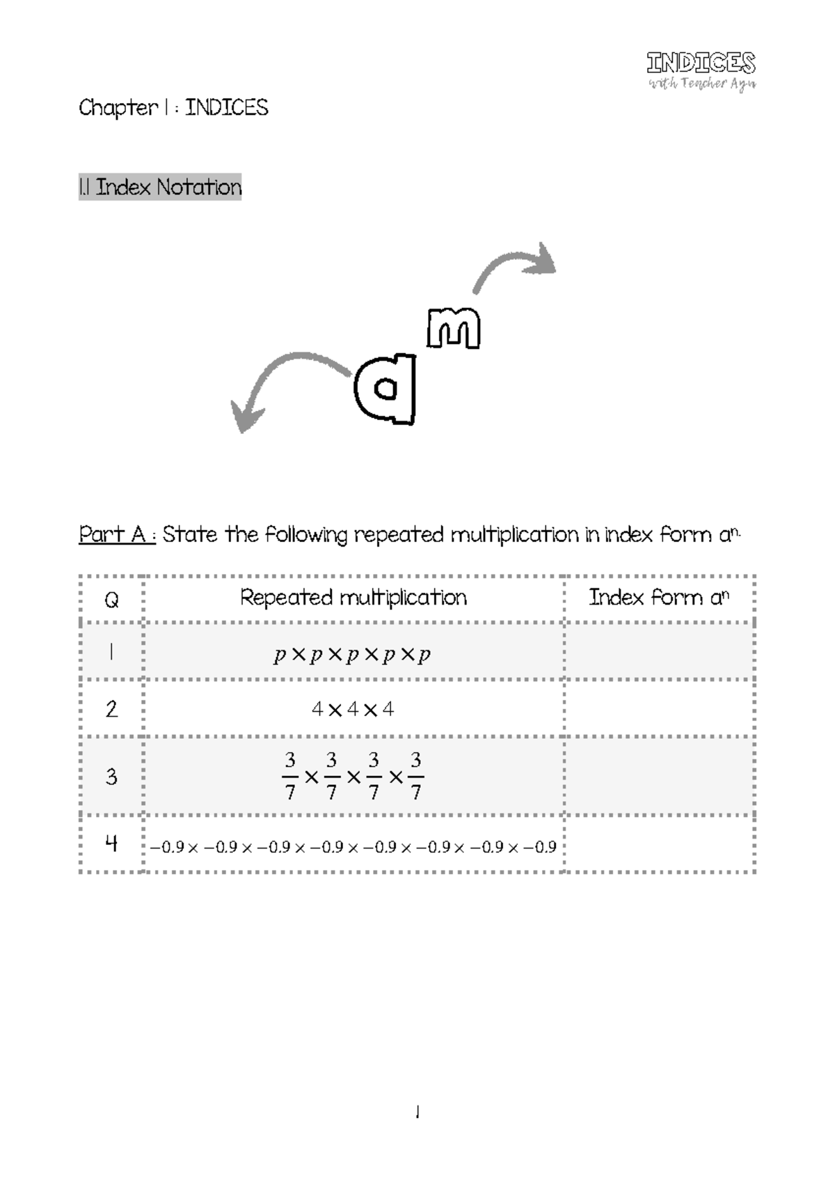 Indices Form 3 Chapter 1 - ####### with Teacher Ayu Chapter 1 : INDICES 1 Index Notation Part A ...