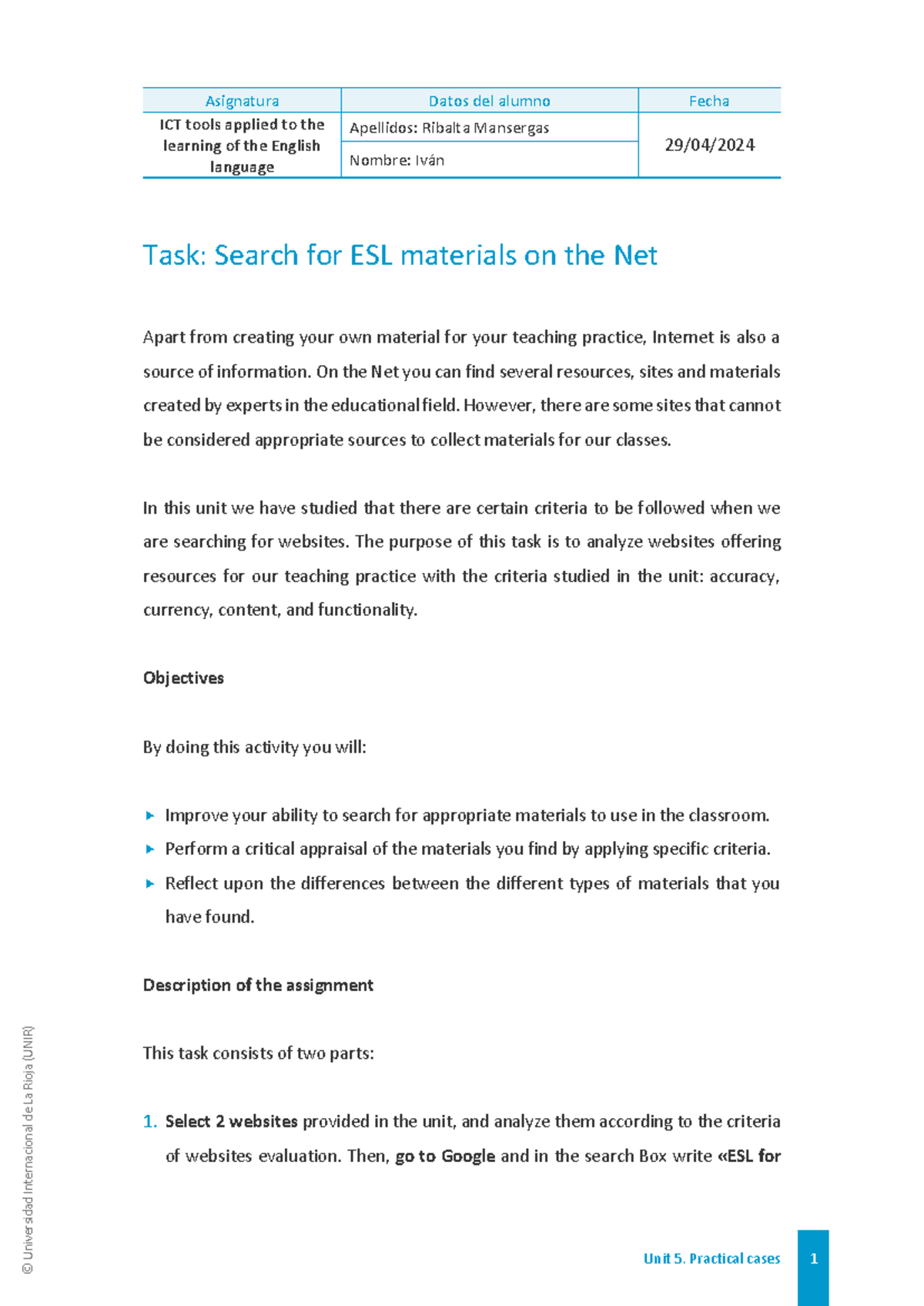 Search ESL materials - The task is to analyze websites offering ...