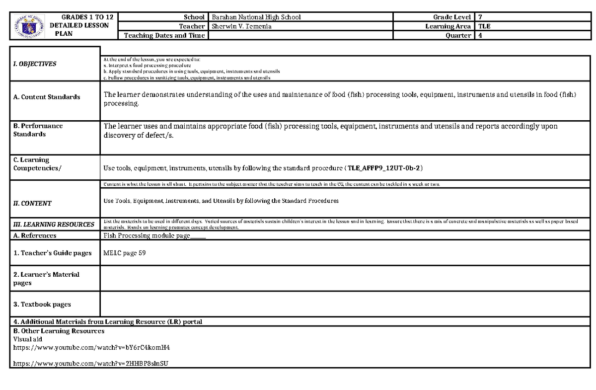 DLL Grade 7 Fish Pro- no. 3 - GRADES 1 TO 12 DETAILED LESSON PLAN ...