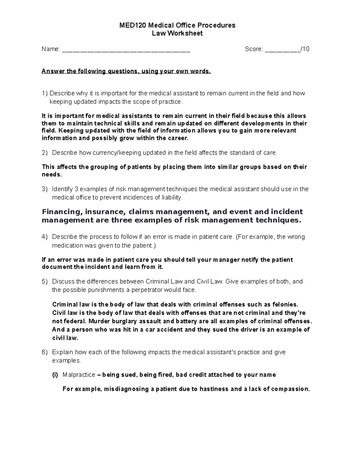 Day 2 - Ch 7 Law Worksheet (Modified with my questions) - MED120 ...