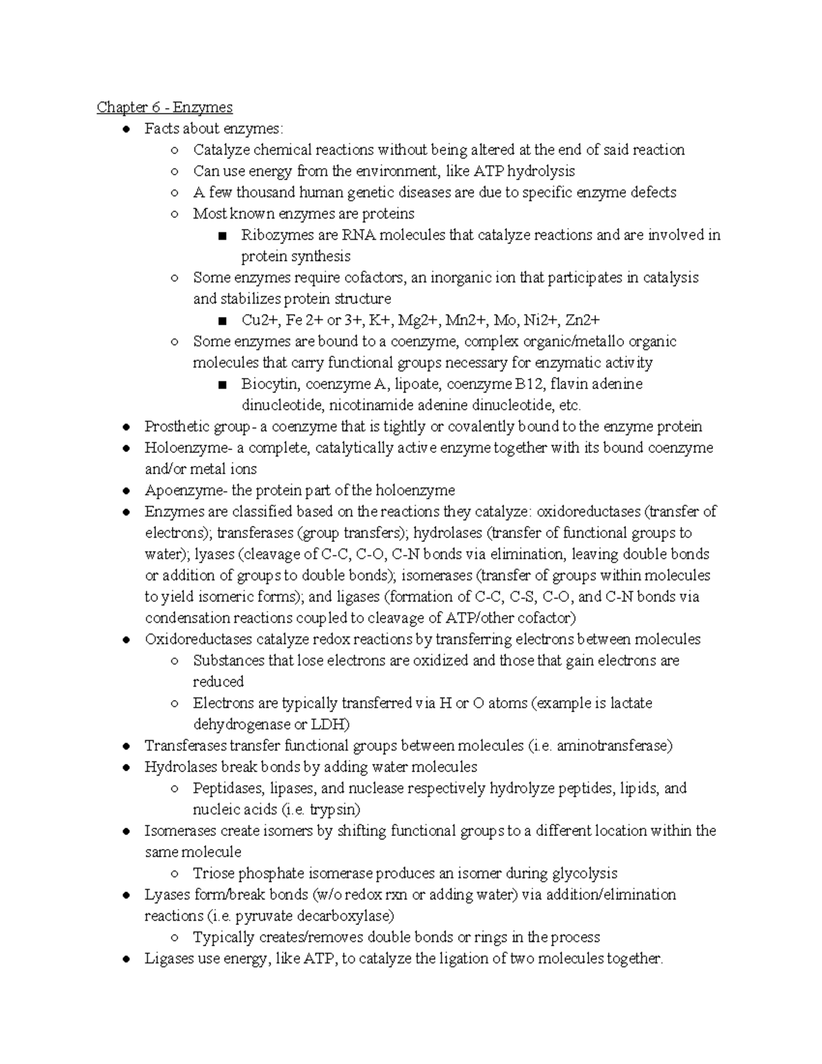 Biochem Study Guide for Exam 2 - Chapter 6 - Enzymes Facts about ...