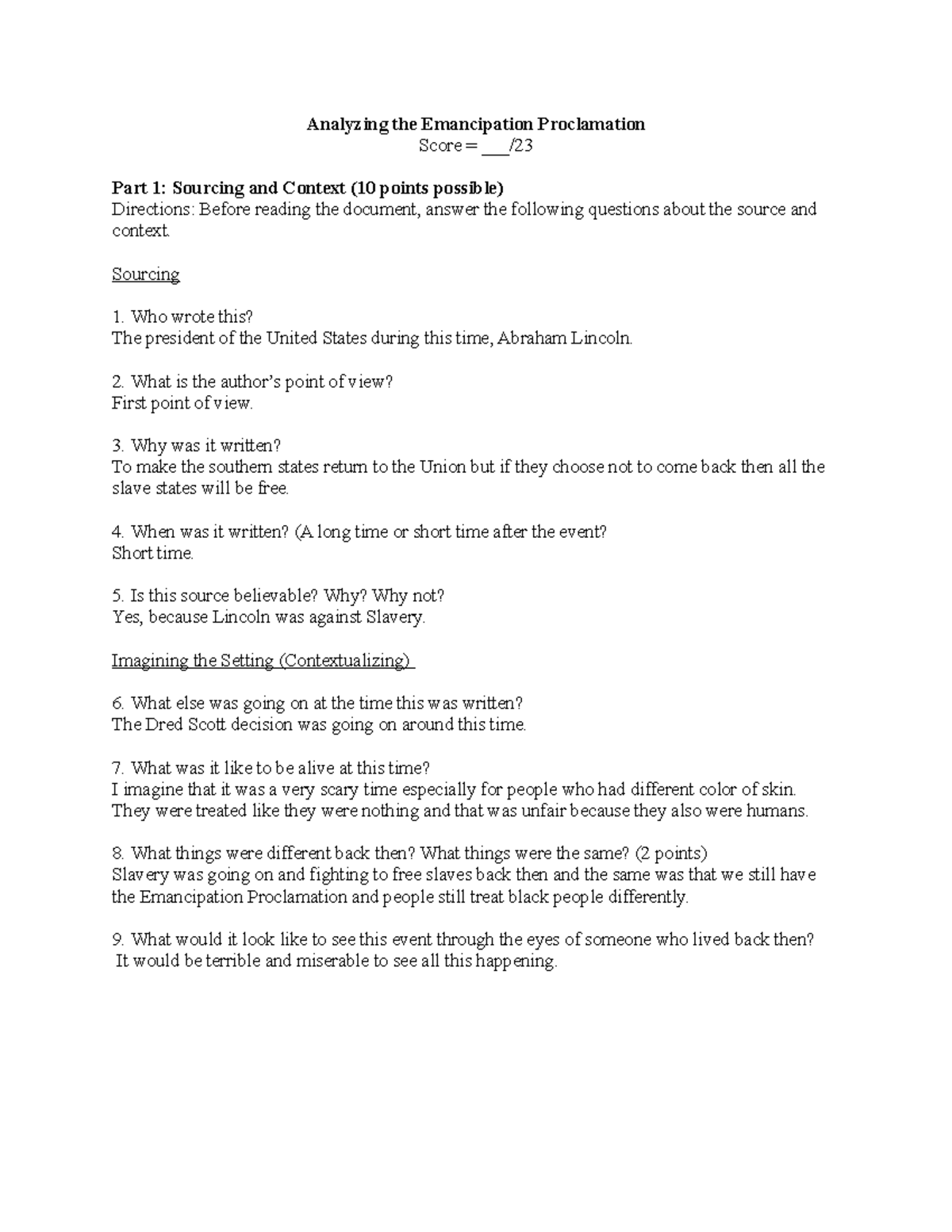 Emancipation Procl - Analyzing the Emancipation Proclamation Score ...