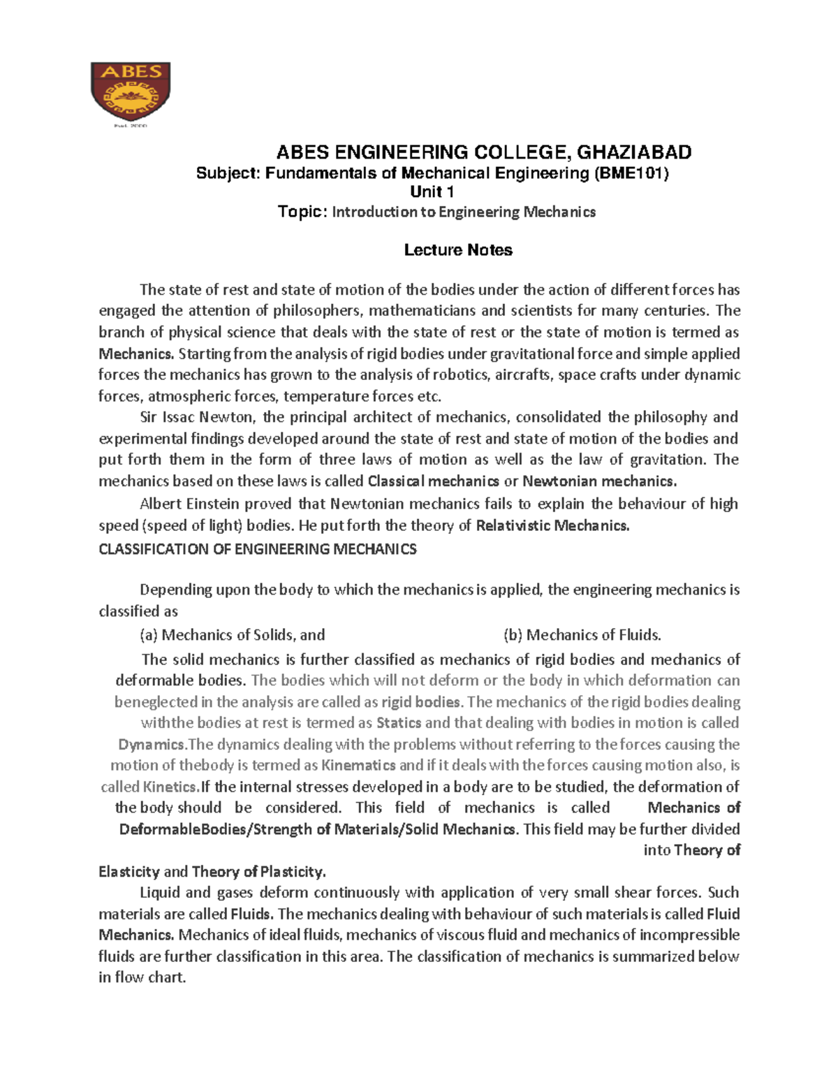 Mechanical unit 1 - ABES ENGINEERING COLLEGE, GHAZIABAD Subject: Fundamentals of Mechanical ...