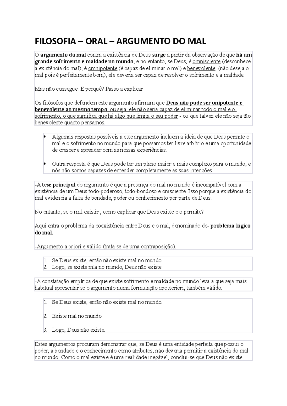 Argumento do Mal - FILOSOFIA – ORAL – ARGUMENTO DO MAL O argumento do mal contra a existência de ...