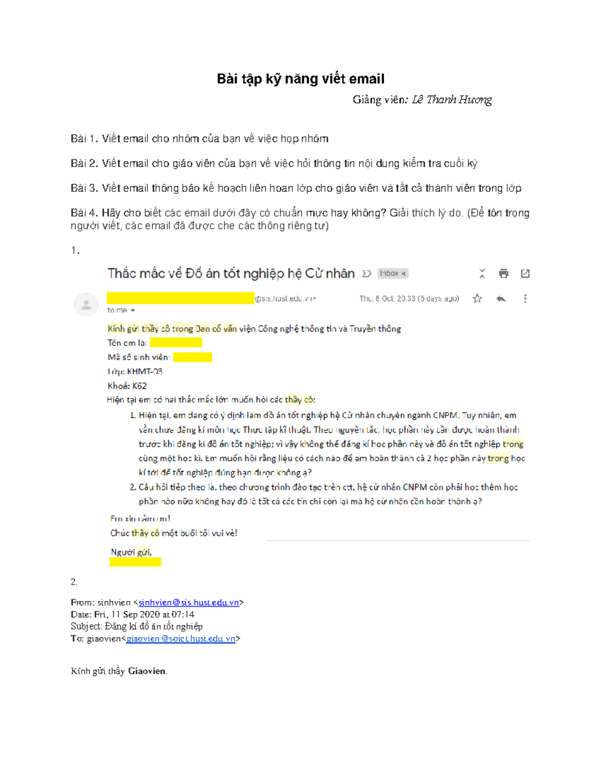 Bai tap viet email - Nope - Bài tập kỹ năng viết email Giảng viên: Lê ...