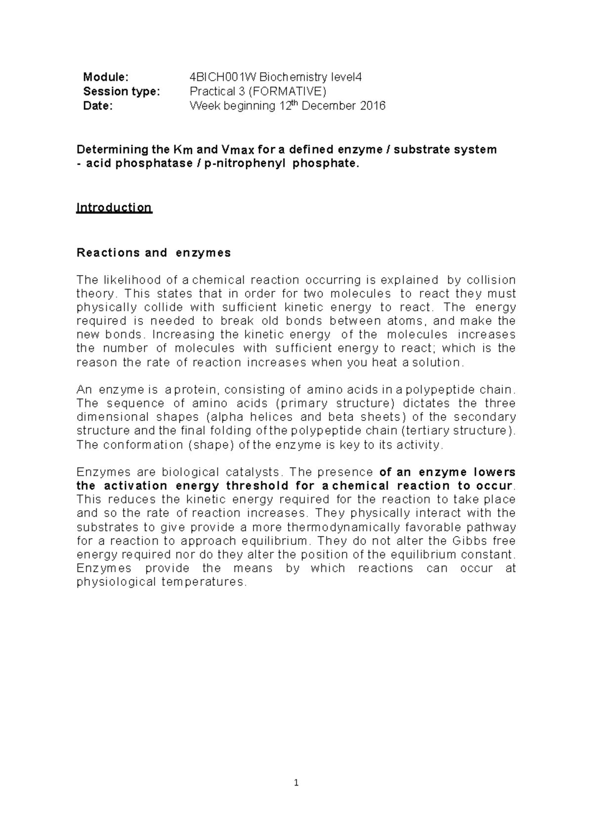 Practical 3- determining the Km and Vmax - Module: Session type: Date ...