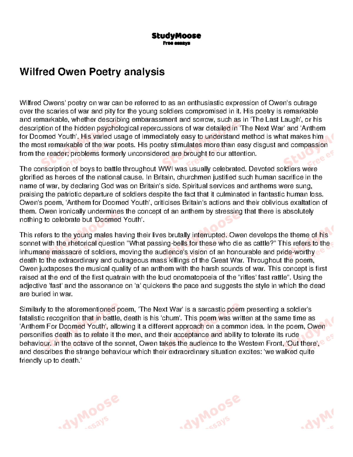 Wilfred Owen Poetry analysis - Wilfred Owen Poetry analysis Wilfred Owens' poetry on war can be ...