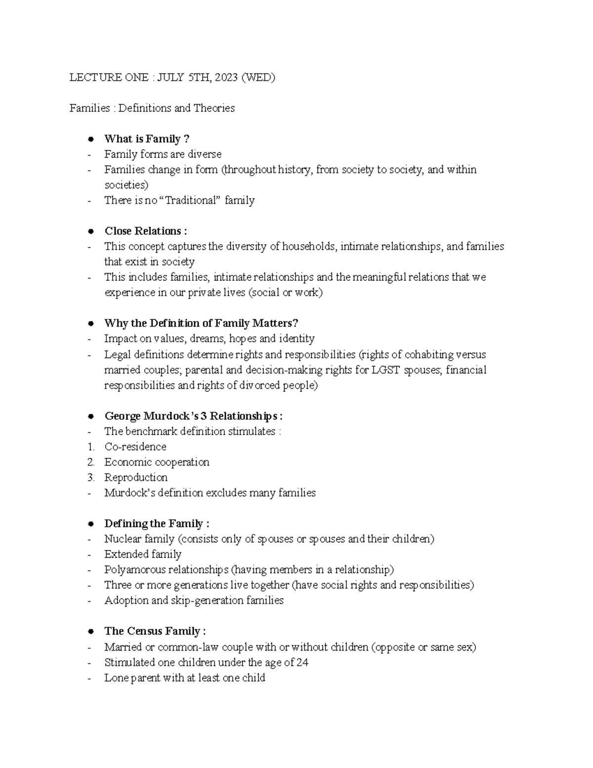 SOCI 200 SECTION ONE - LECTURE ONE : JULY 5TH, 2023 (WED) Families ...