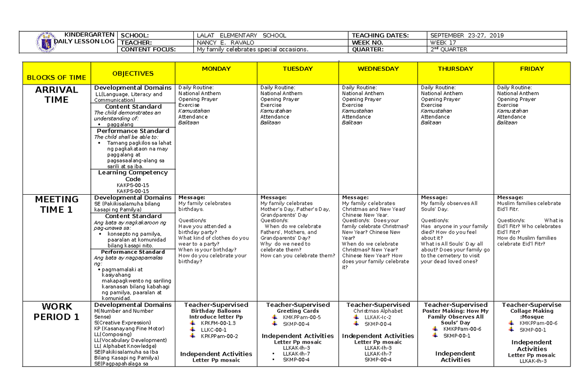 WEEK 17 - NEW KTG DLL - DAILY LESSON LOG - KINDERGARTEN DAILY LESSON ...
