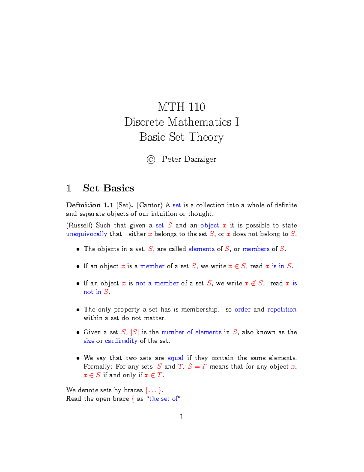 Set Basics Notes Mth 110 Discrete Mathematics I Basic Set Theory