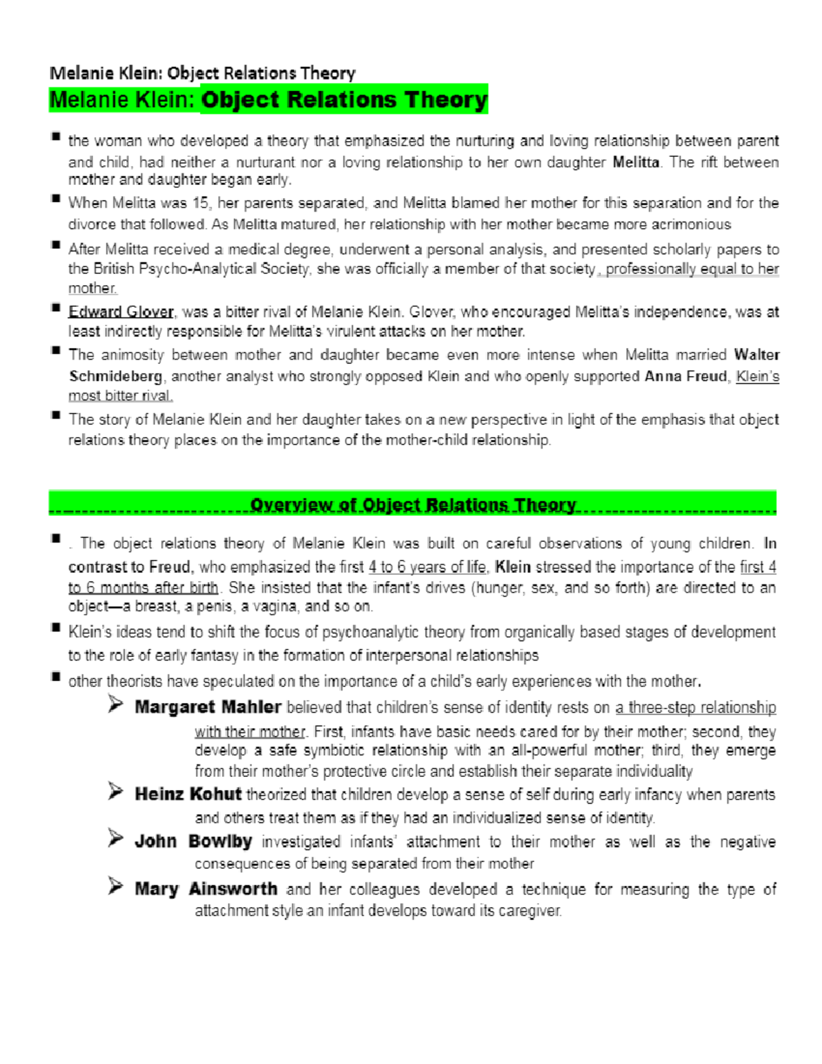 Klein - Objective Relations Theory - Theories of Personality - Studocu