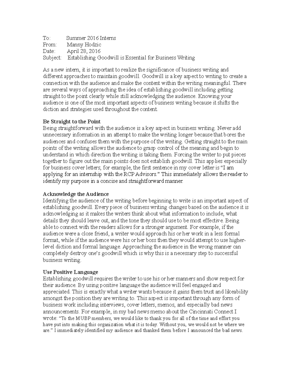 Project 5 Assignment - To: Summer 2016 Interns From: Manny Hodzic Date ...