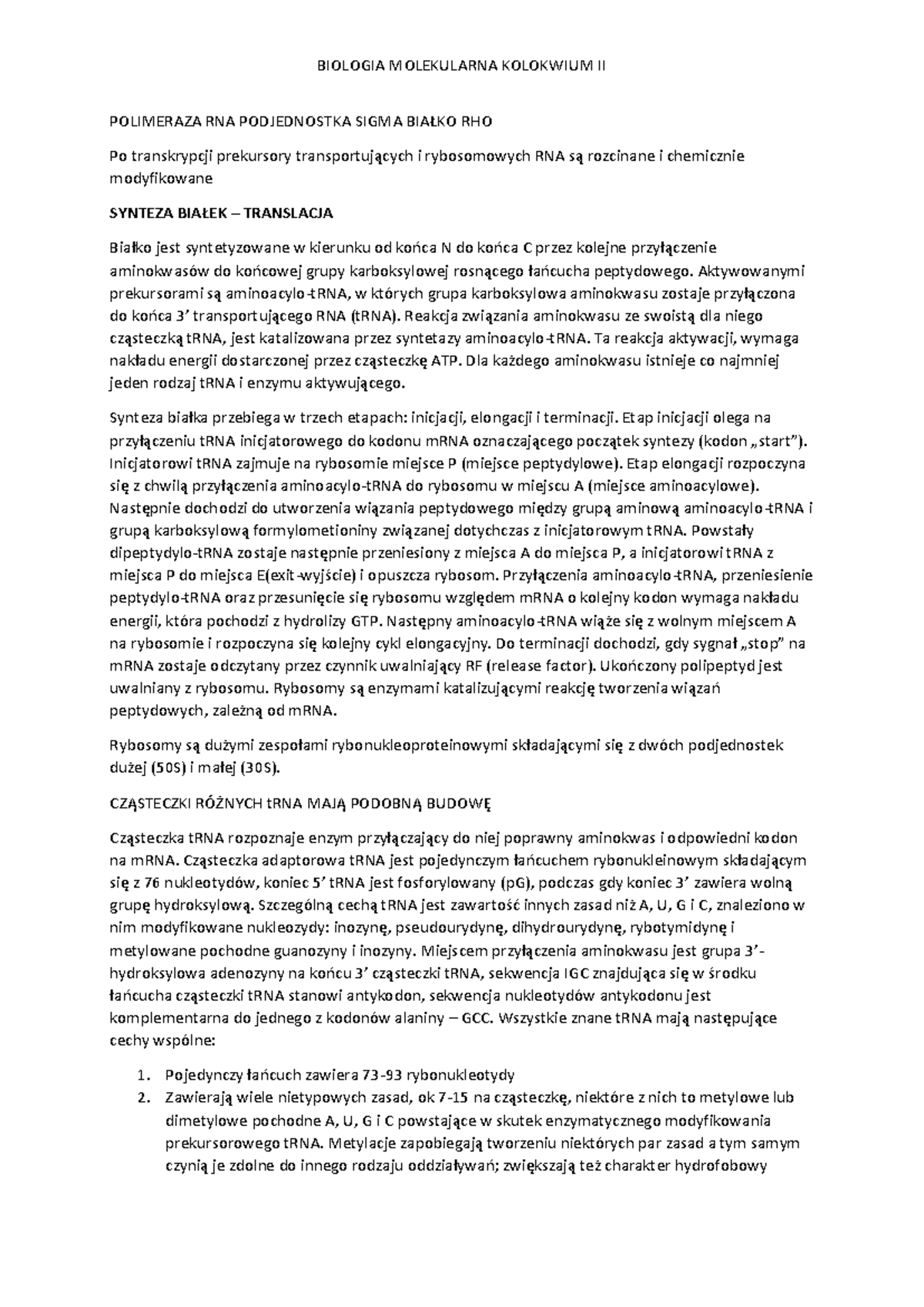 Molekularna Notatki Kolo 2 - POLIMERAZA RNA PODJEDNOSTKA SIGMA BIAŁKO ...