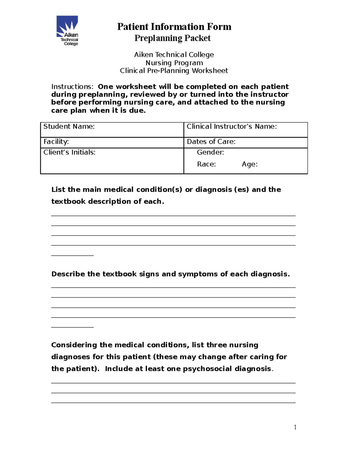 Clinical Pre-planning Paperwork - Preplanning Packet Aiken Technical ...