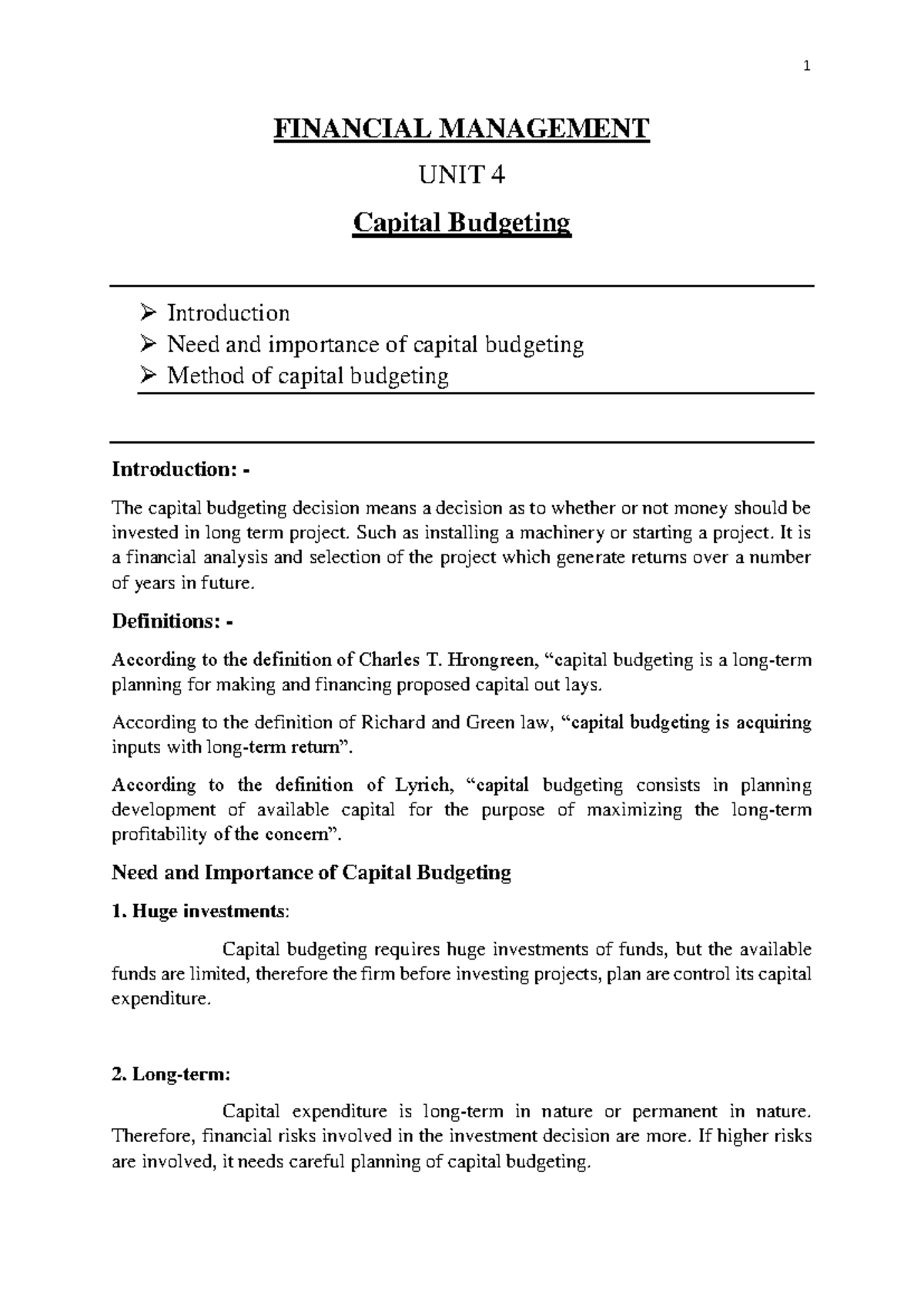 UNIT 4 Capital Budgeting - FINANCIAL MANAGEMENT UNIT 4 Capital Budgeting Introduction Need and ...