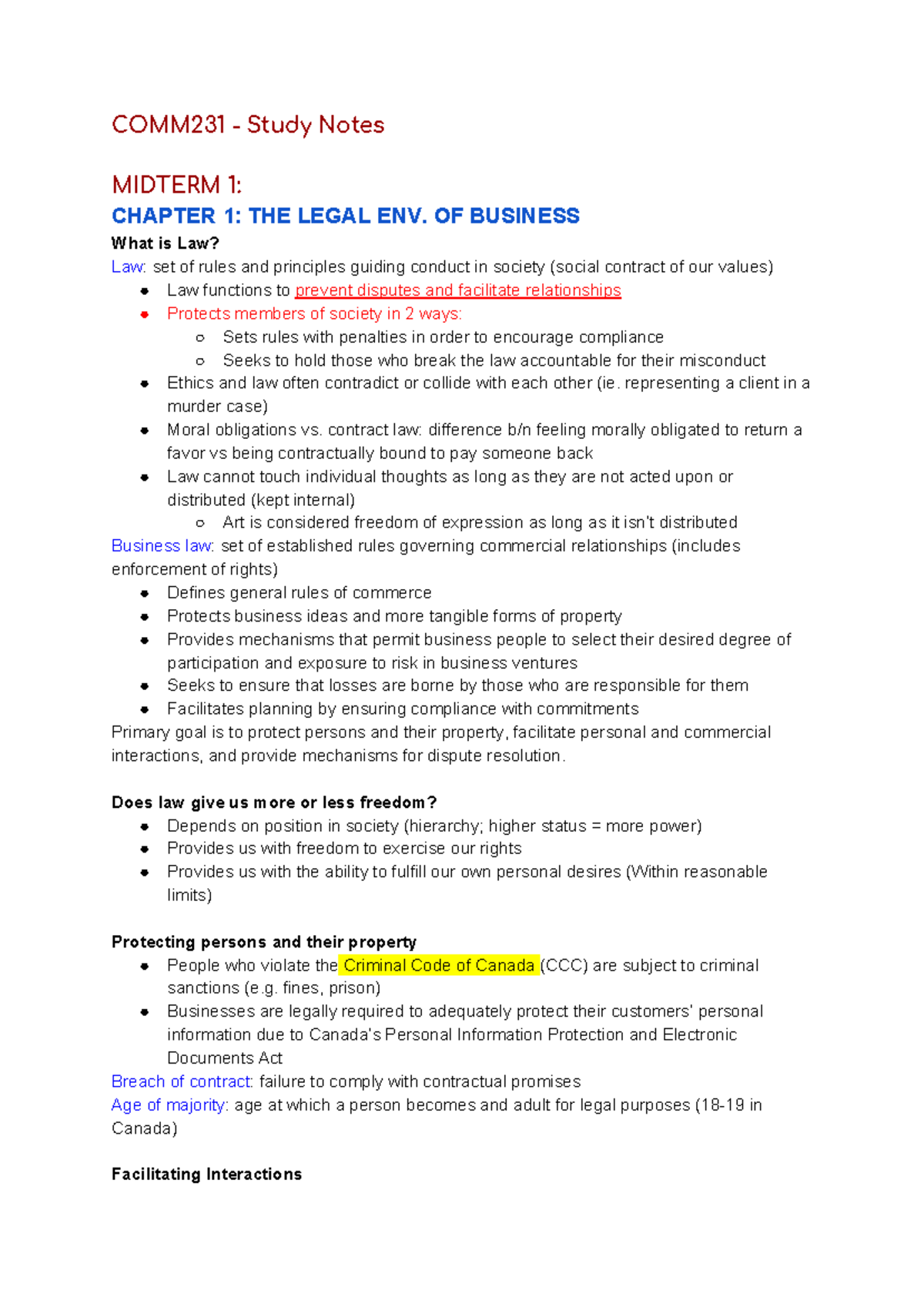 COMM231 Study Notes: Chapter 1 - The Legal Environment of Business ...