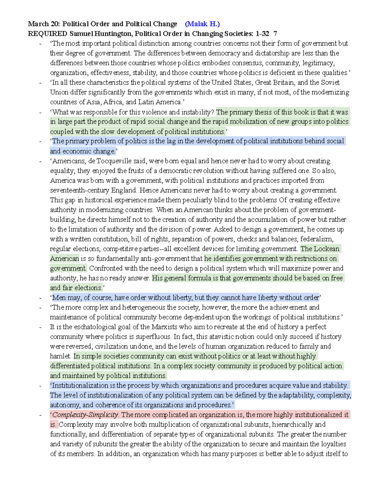Comp pol reading notes - March 20: Political Order and Political Change ...