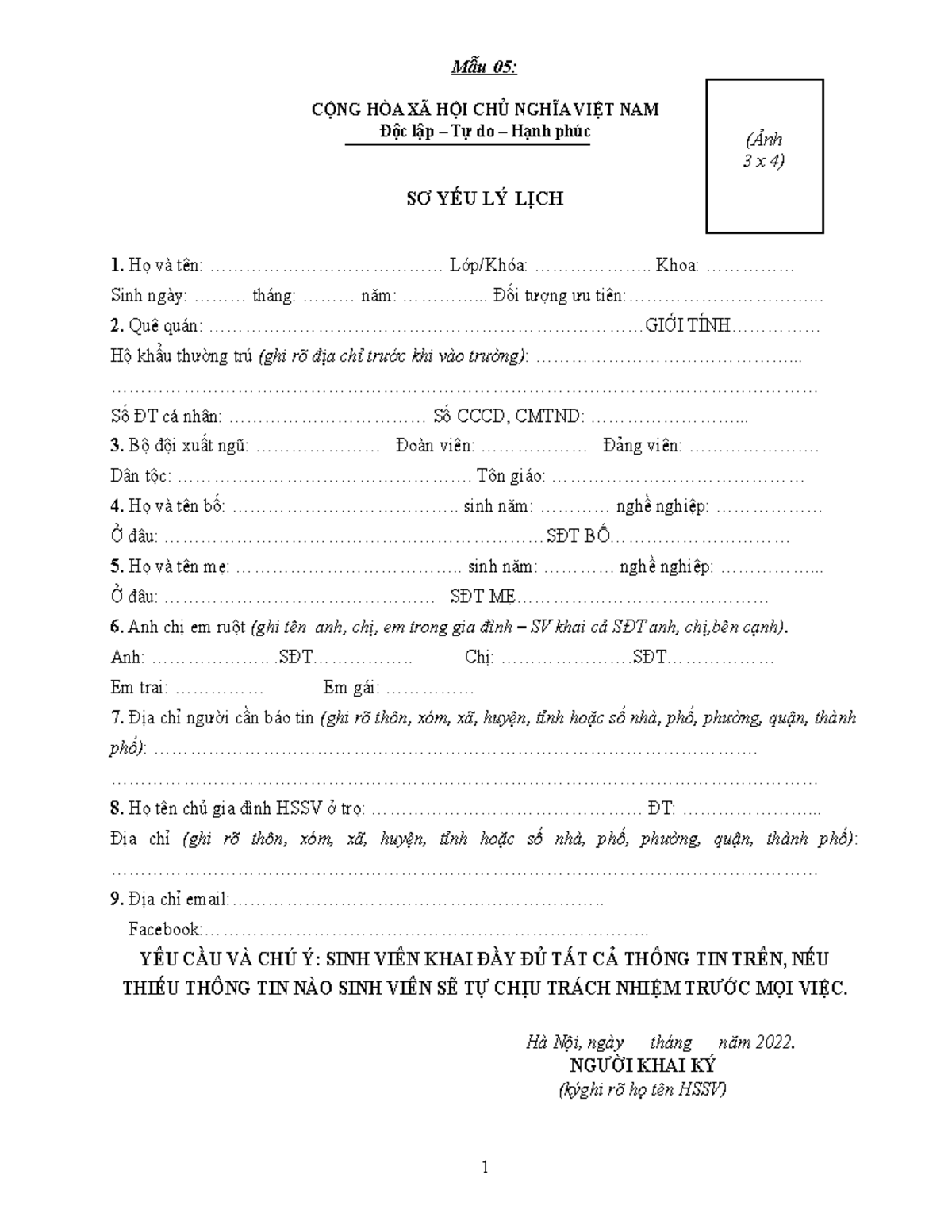 12. Mẫu SYLL sinh viên - DFFS - Mẫu 05: CỘNG HÒA XÃ HỘI CHỦ NGHĨA VIỆT ...