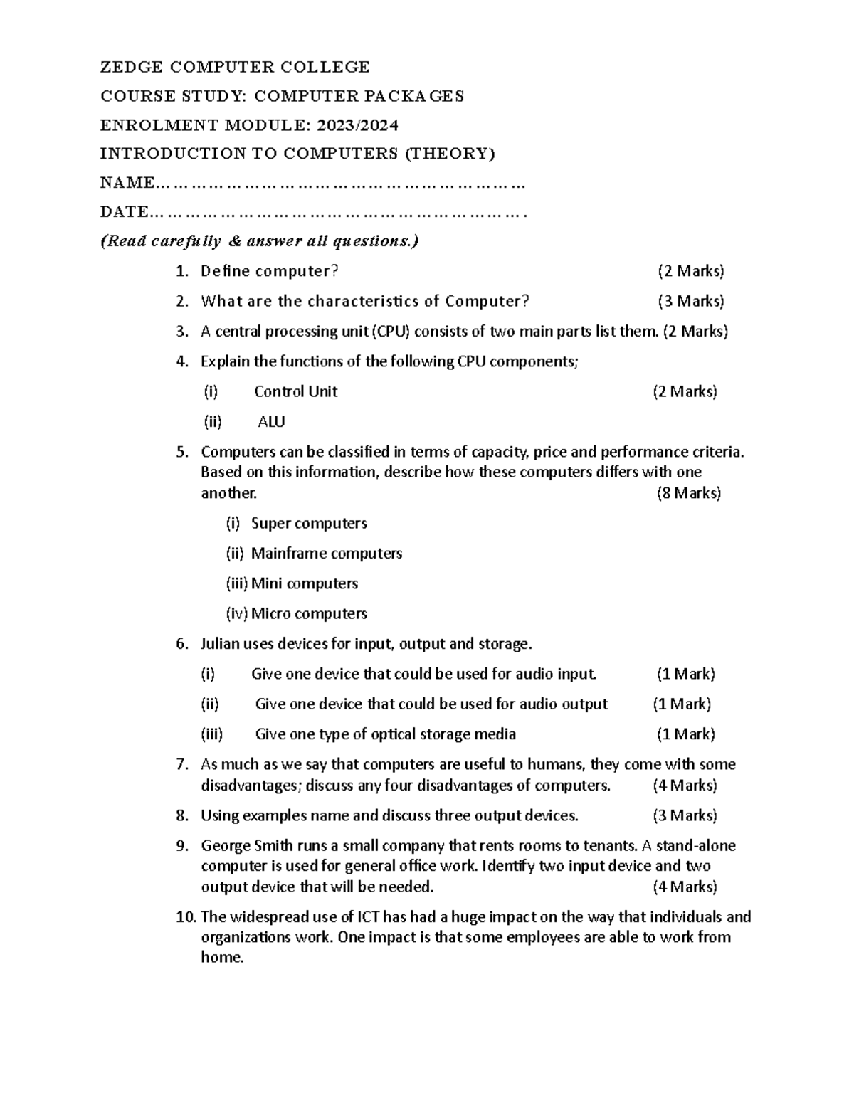 Introduction TO Computers Theory - ZEDGE COMPUTER COLLEGE COURSE STUDY ...