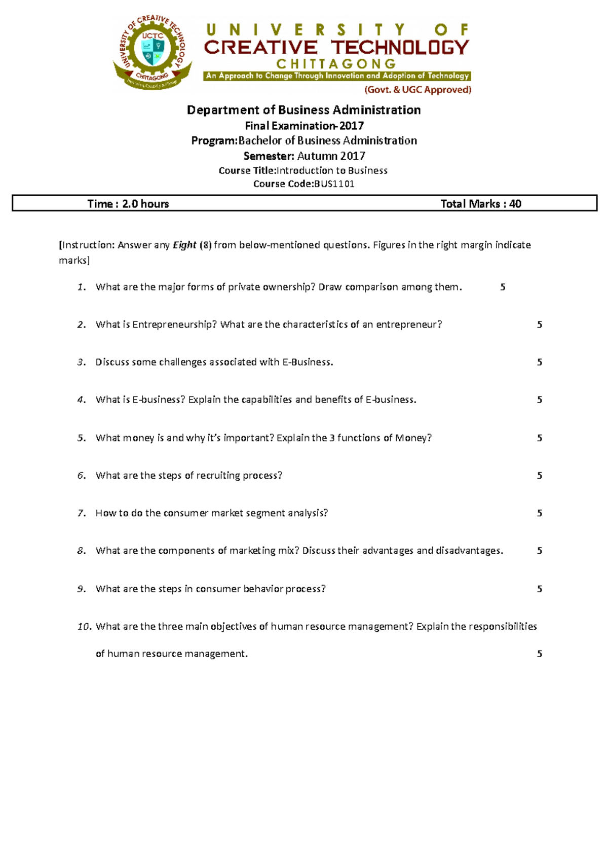 Final Exam Question - Department of Business Administration Final ...