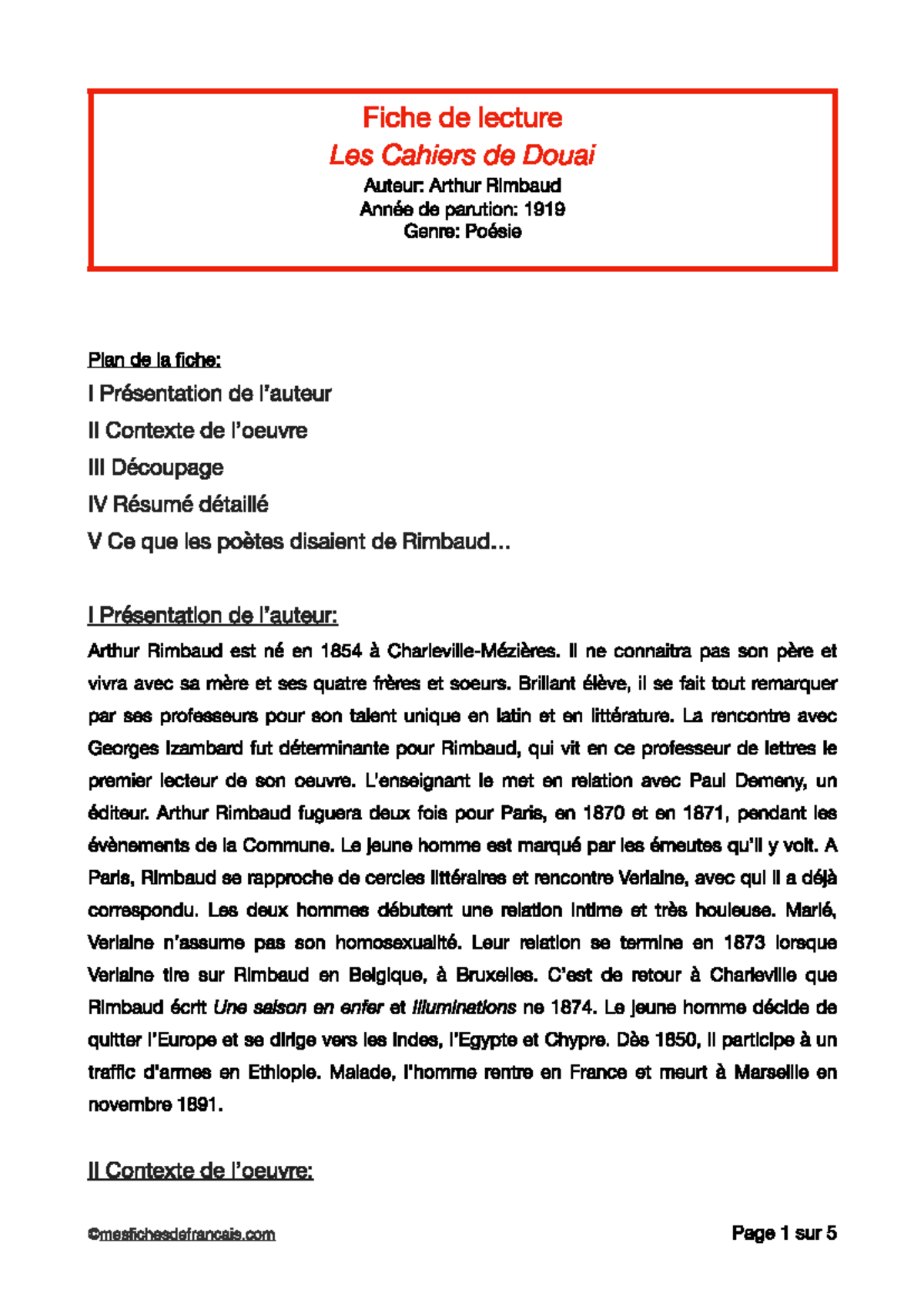 Fiche de lecture rimbaud - Français - Studocu