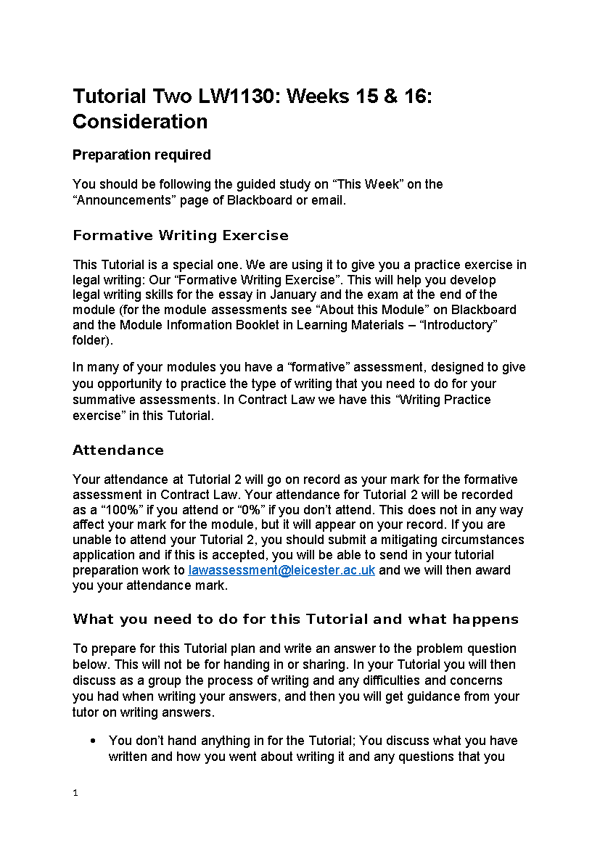 Contract Tutorial 2 problem question - Tutorial Two LW1130: Weeks 15 & 16: Consideration - Studocu