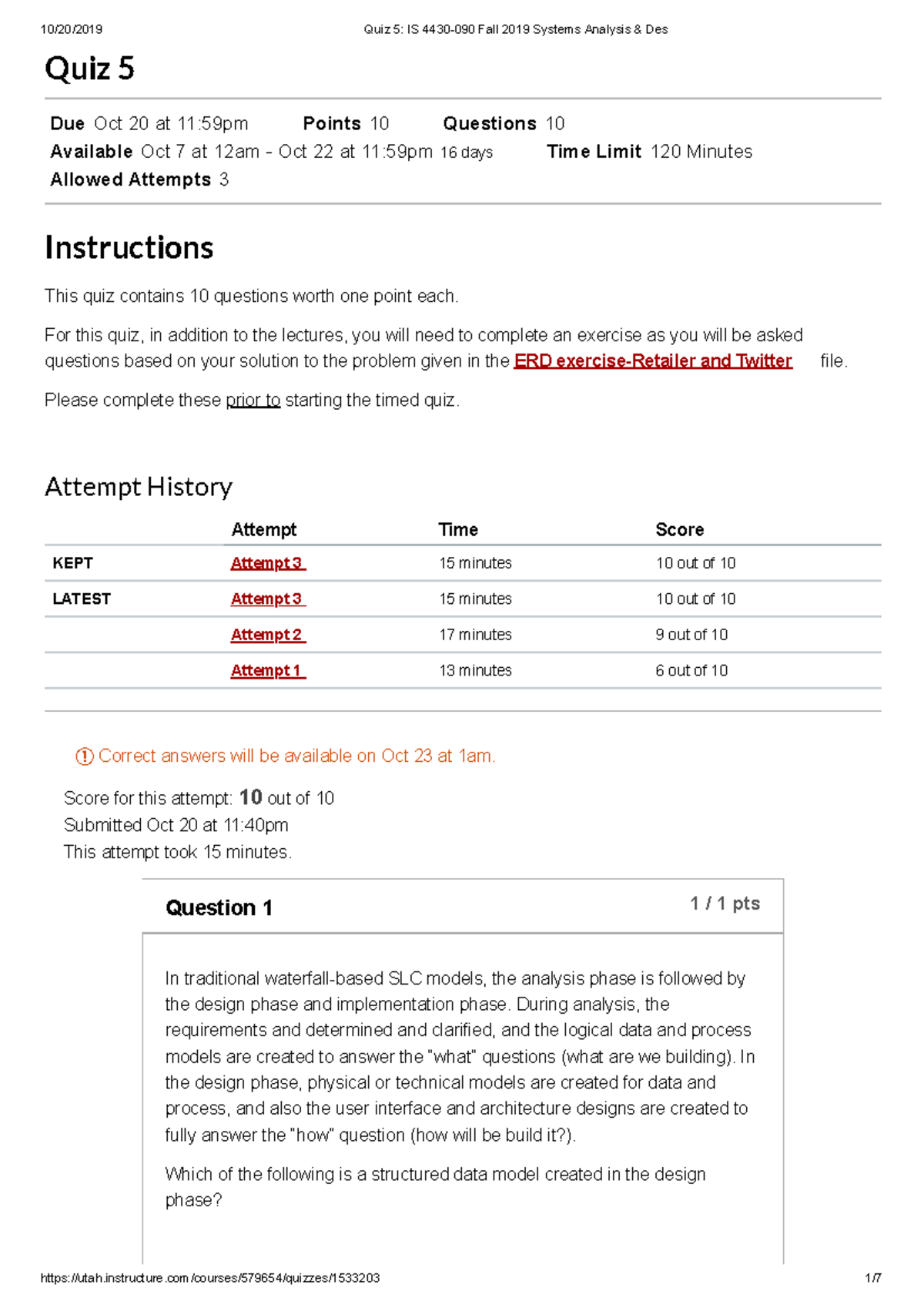 Quiz 5 IS 4430-090 Fall 2019 Systems Analysis & Des3 - Quiz 5 Due Oct ...